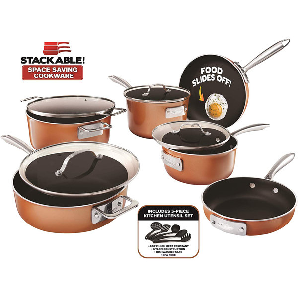 Gotham Steel Stackmaster 15 Piece 7'' and 10'' Copper Space Saving Nonstick Cookware Set ...